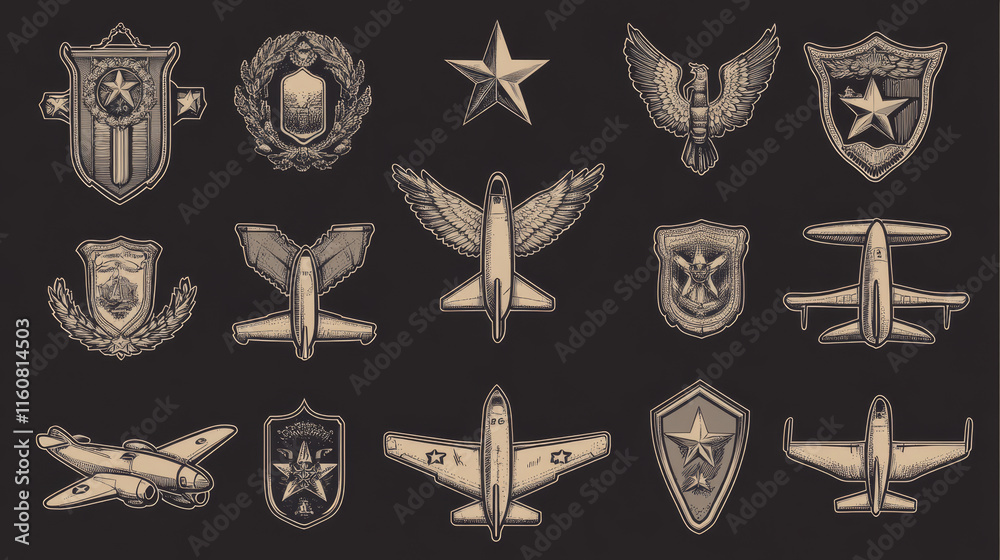Army air forces, airborne units badges and winged chevrons with plane ...