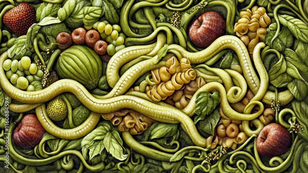 Vibrant intertwining fruits and vegetables with serpentine shapes in a ...