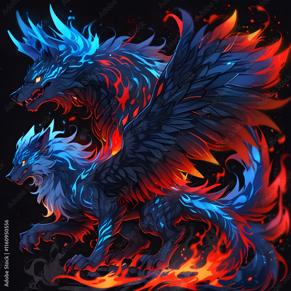 Epic battle of fiery wolves fantasy realm digital art dark environment ...