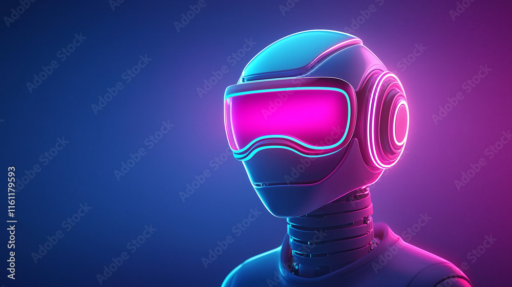 Futuristic robot with neon visor and glowing accents in vibrant colors ...