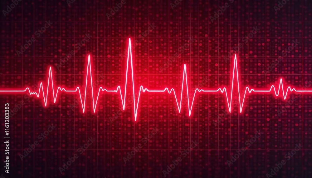 Graphic depiction of EKG wave on red backdrop, cardiac rhythm ...