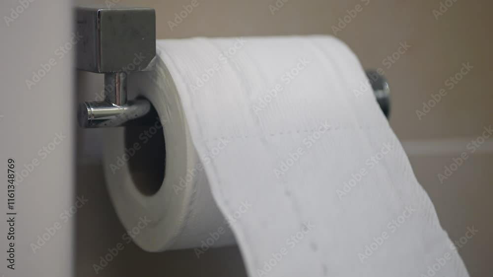 White toilet paper smoothly unrolling from sleek chrome bathroom ...