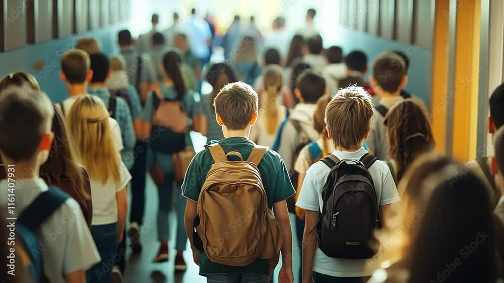 Tracking middle school kids from behind as they walk in slow motion ...