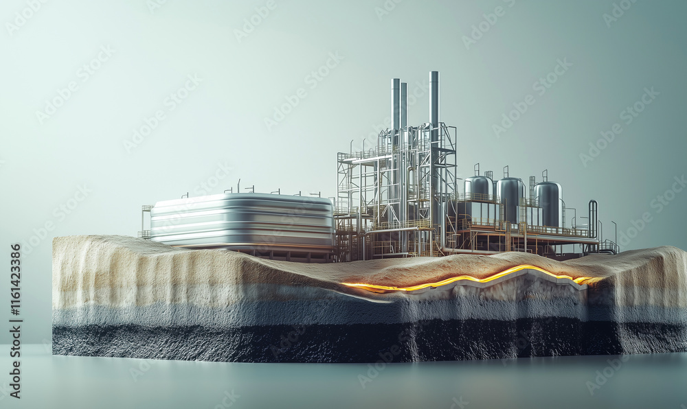 A detailed cross-section of geothermal energy plant industrial facility ...