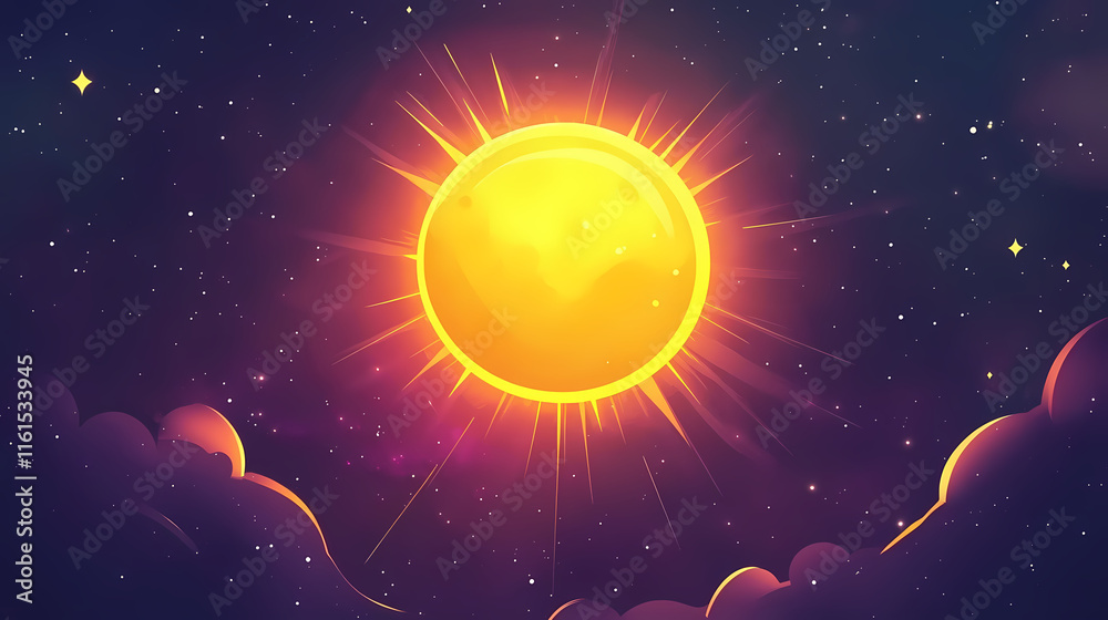 Bright big yellow sun in space constellation stars rays of solar light ...