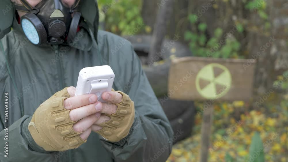 Unrecognizable inspector uses Geiger counter. International symbol ...