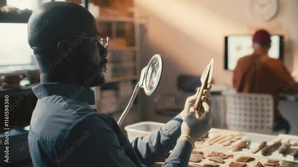 Black archaeologist in gloves and glasses examining ancient spearhead ...