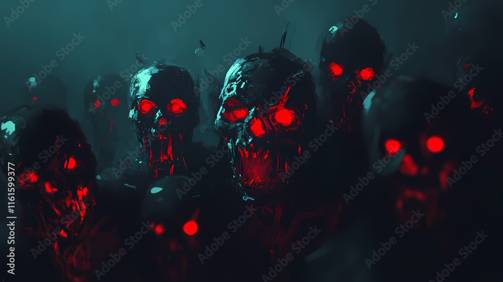 Poster A group of grotesque, skull-faced zombies with glowing red eyes ...