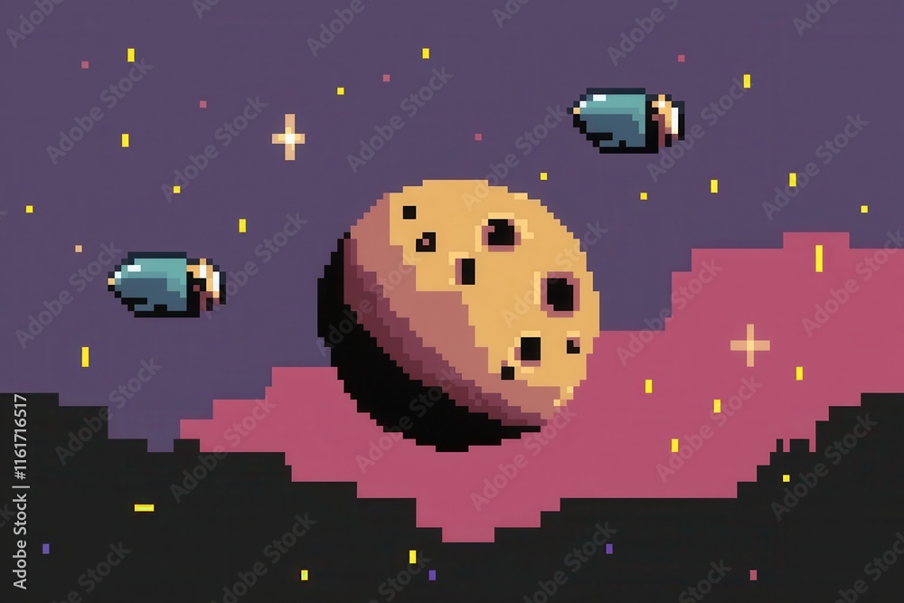 Poster A charming 8-bit pixel art of a glowing pixelated moon covered ...