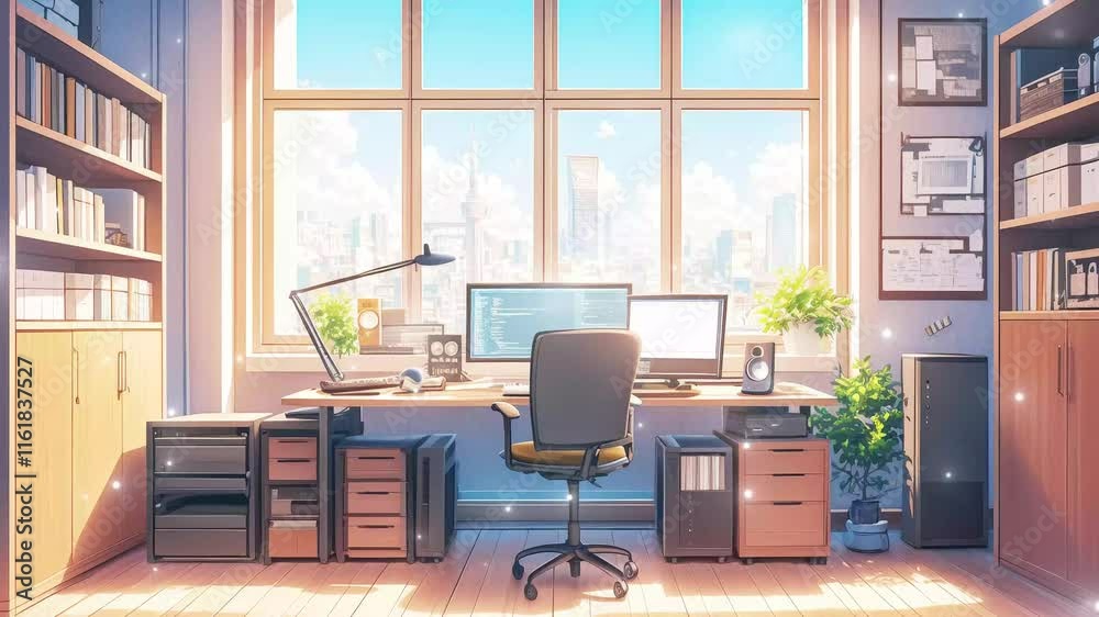 Bright workspace with elegant minimalist design and city skyline view ...