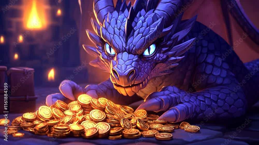 Majestic blue dragon guarding a treasure hoard in a dimly lit cave ...