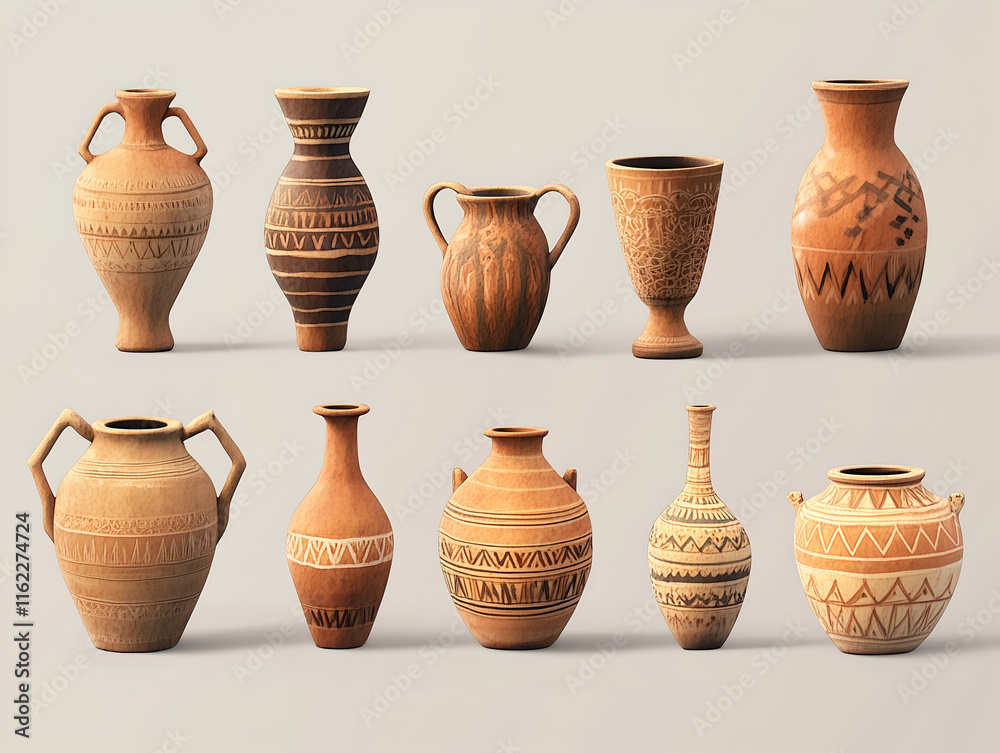 Archaeological ancient clay vases and amphoras of different shapes with ...