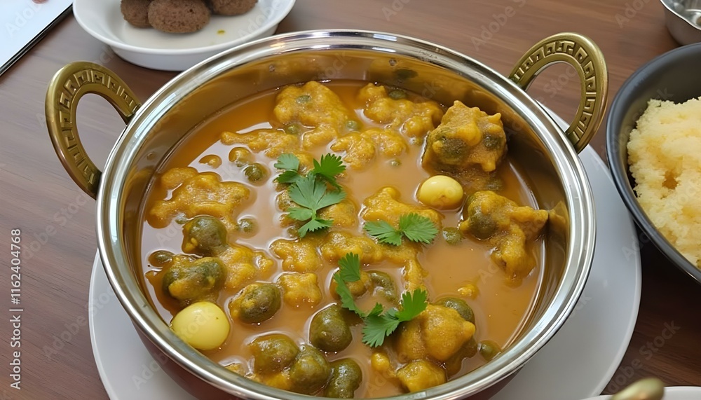 bowl of flavorful curry garnished with coriander leaves, served in a ...