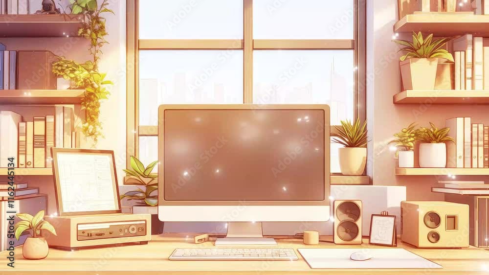 Bright space with a sleek monitor on a minimalist desk and plants ...