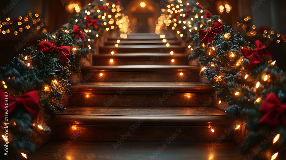 Photography of a beautifully lit Christmas staircase, with garlands ...