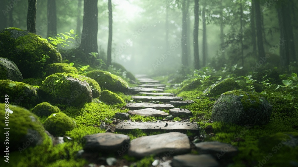 Mossy Forest Pathway, enchanting trail embraced by lush greenery ...
