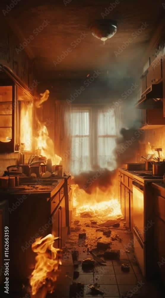 kitchen fire inferno danger flames motion cinemagraph loop smoke home ...