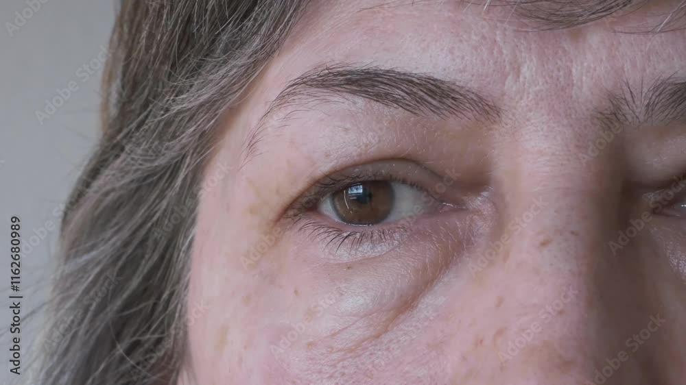 Close-up of a woman's face with grey hair, examining her bags under her ...