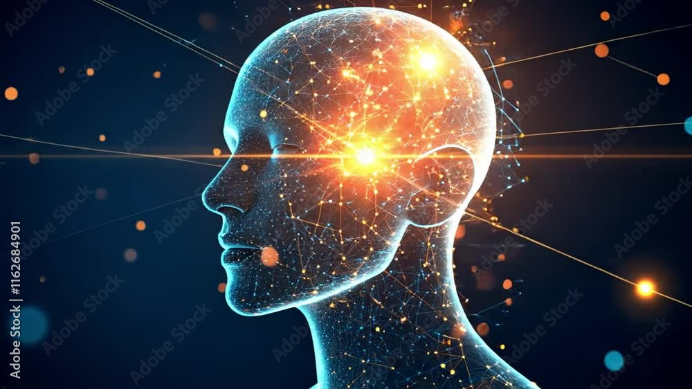 Human Brain with Sparks and Lines - A 3D illustration depicts a human ...