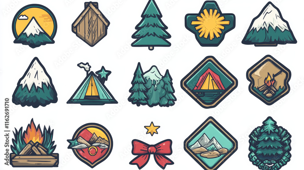 ภาพประกอบสต็อก Camping and outdoor adventure shield badge set. Mountain ...
