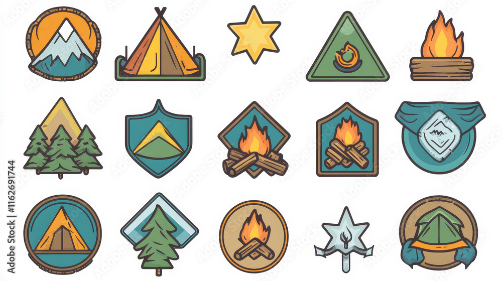 Camping and outdoor adventure shield badge set. Mountain camp and ...