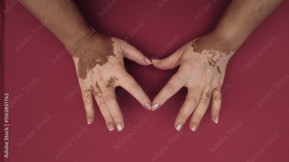 Hands of a woman with vitiligo on her skin make a gesture of the heart ...