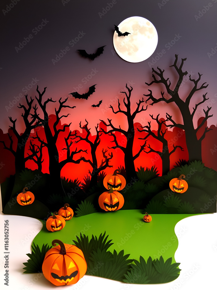 Halloween Night: Papercraft scene of a spooky forest bathed in the ...