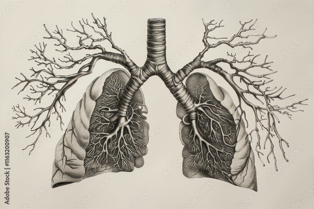 Detailed anatomical illustration showcasing human lungs with intricate ...