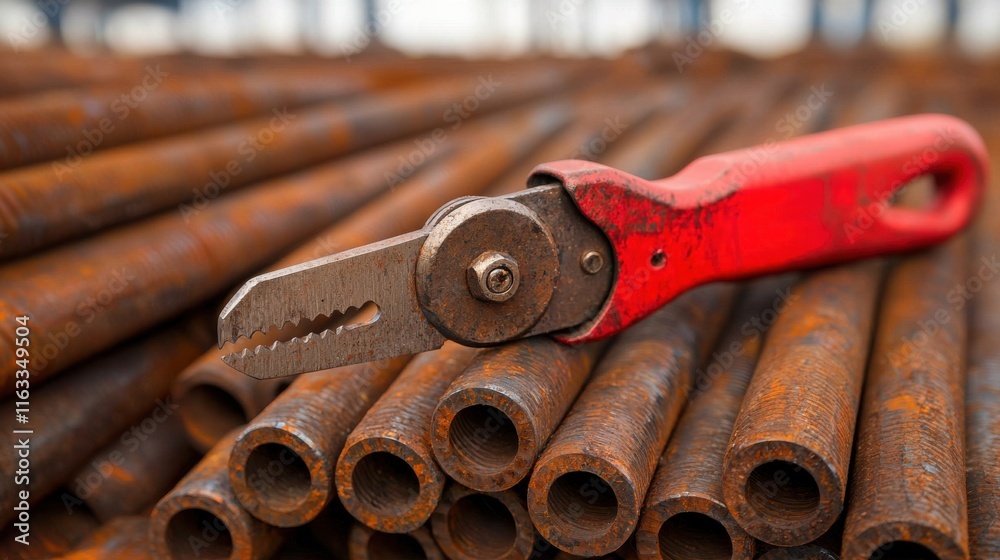 Heavy duty bolt cutter with red ergonomic handle and sharp serrated ...