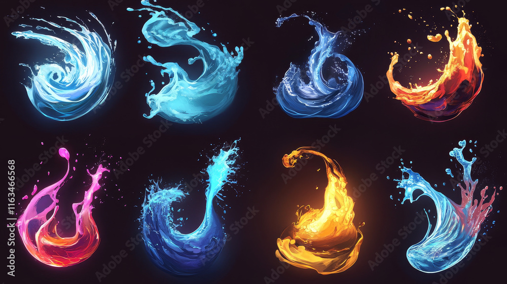 Water motion sprite sheet of animated swirl, vector cartoon animation ...