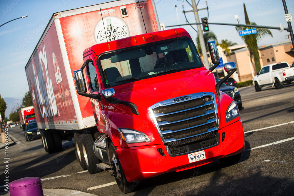 Red Freightliner truck, pulling a Coca-Cola trailer, turns a corner at ...