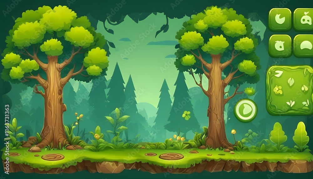 Green forest game interface. Ui game buttons, gui elements game asset. menu panel, exit or ...