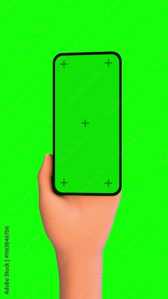 Hand man or woman holding smartphone with green screen in vertical ...