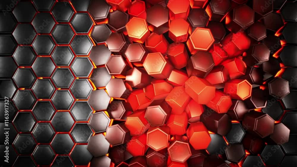 Hexagonal metallic grid featuring pulsating red energy transformation ...