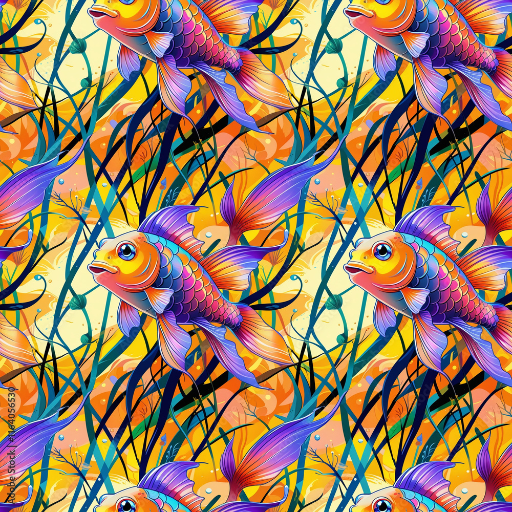 Bright and colorful fish pattern with aquatic plants and vibrant ...