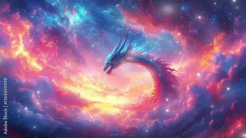 A magnificent dragon soars gracefully through a dazzling cosmic ...