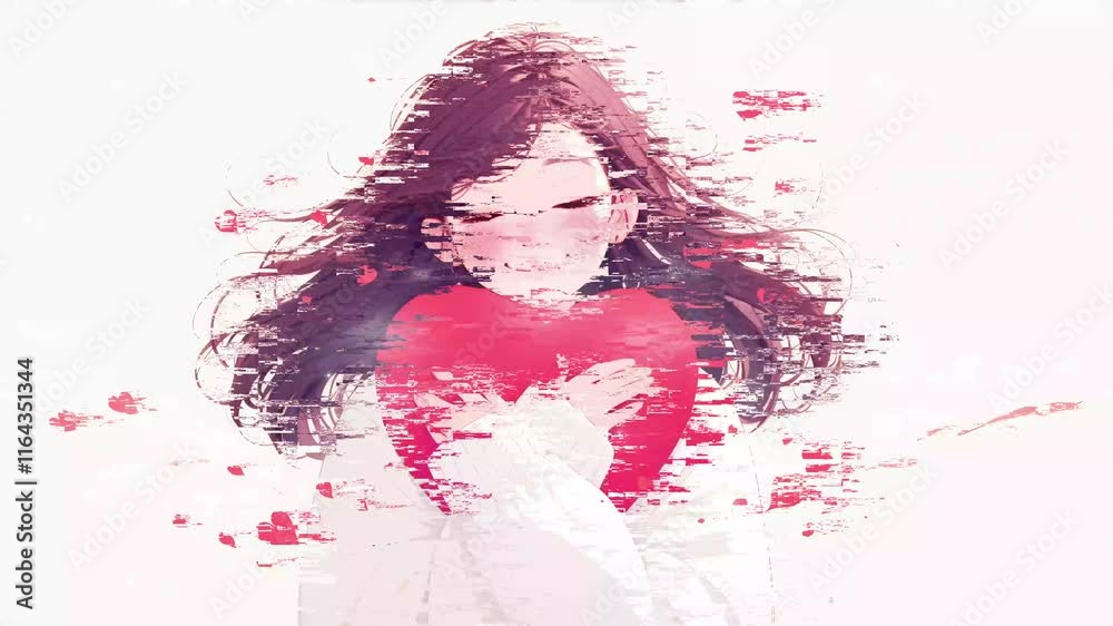 A joyful woman hugs a heart, radiating self love and positivity. glitch ...