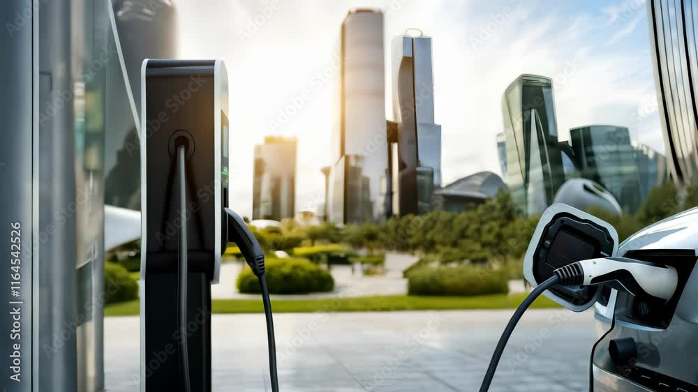 Electric vehicle charging at modern urban station, highlighting ...
