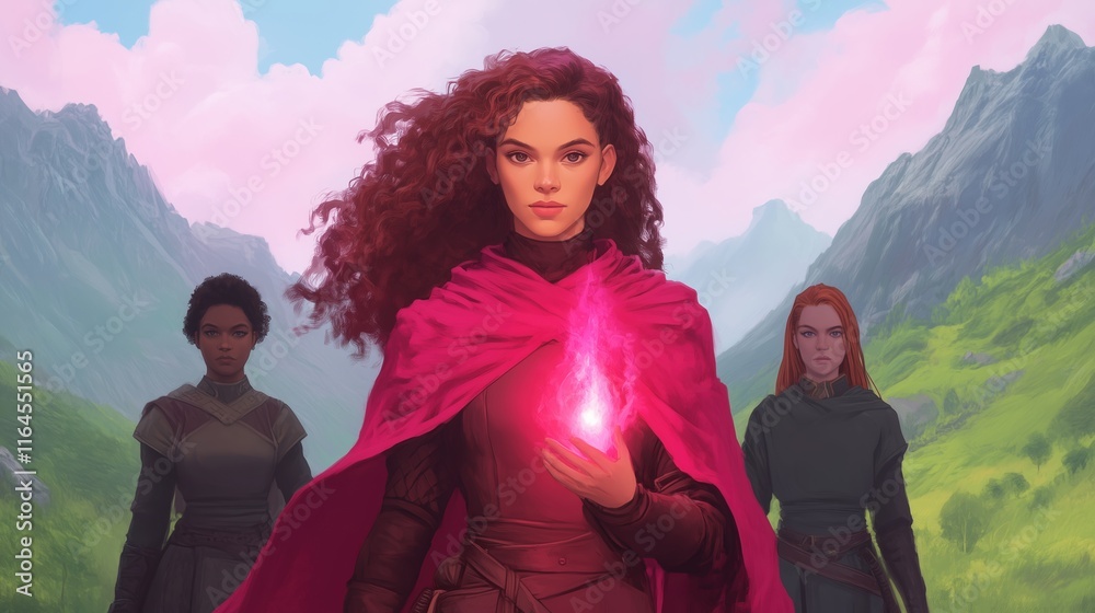 Fantasy Realm Adventure Female Warriors Holding Magical Artifact with ...