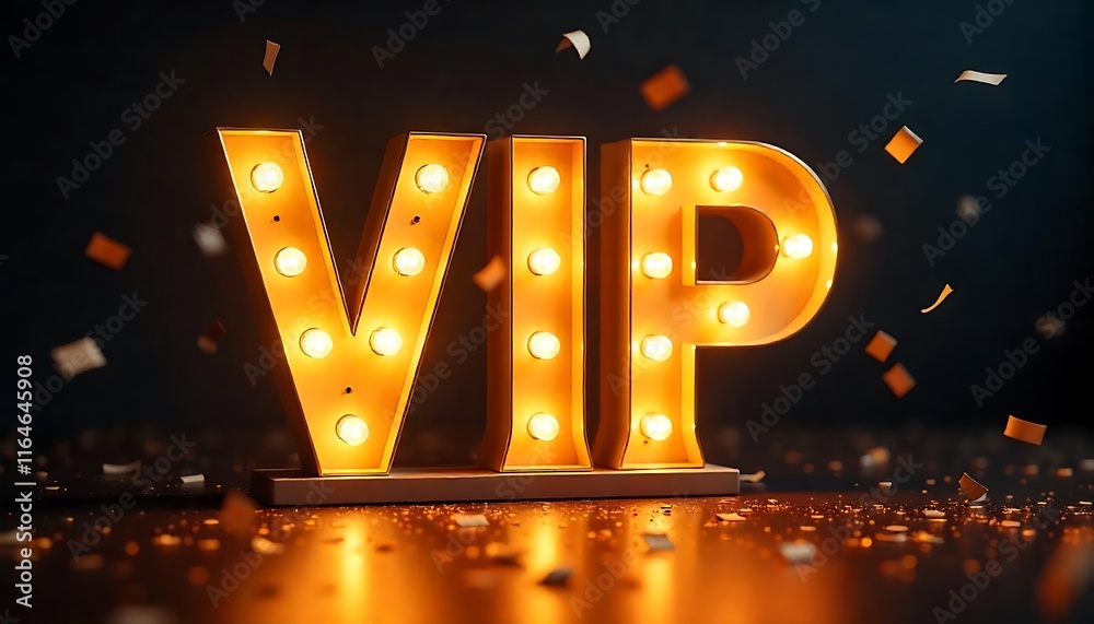 Glowing golden VIP sign with light bulbs, against a dark background ...