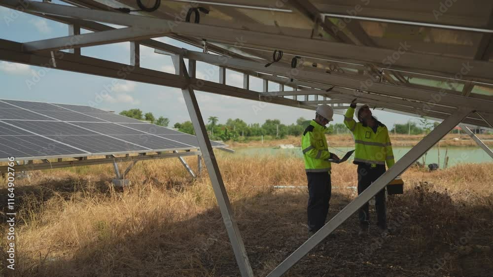 Two engineers in high visibility jackets and helmets inspecting the ...