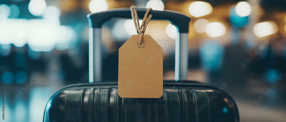 Blank luggage tag mock up tied to a stylish suitcase at an airport ...
