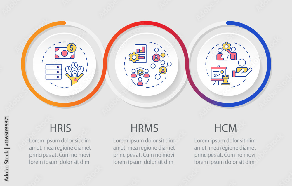 HRMS vs HRIS vs HCM infographics circles sequence. Human resource ...