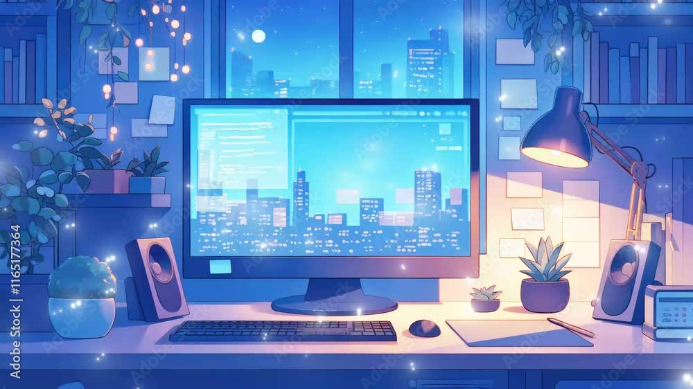 serene workspace offers stunning views of the city skyline at night ...