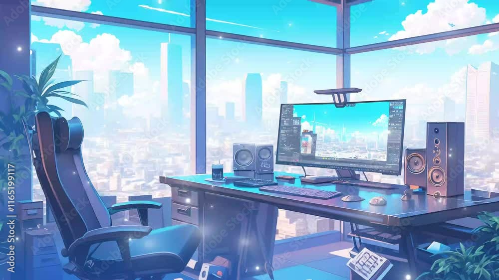 A sleek office features a dark glass desk with a city skyline view ...