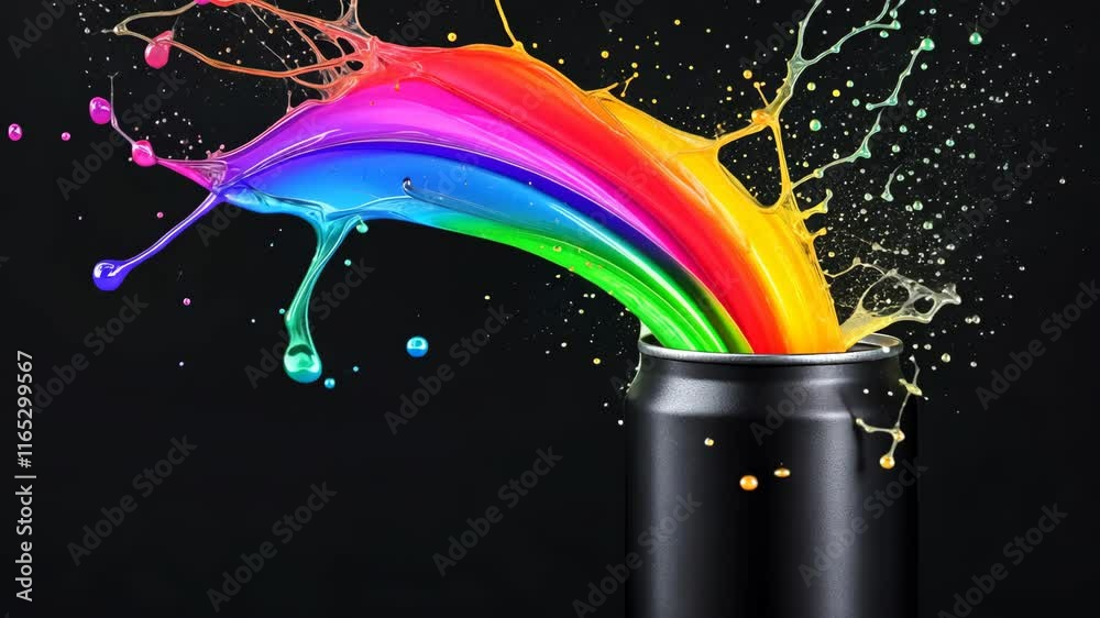 Can of soda is poured into a glass, creating a rainbow-colored splash ...