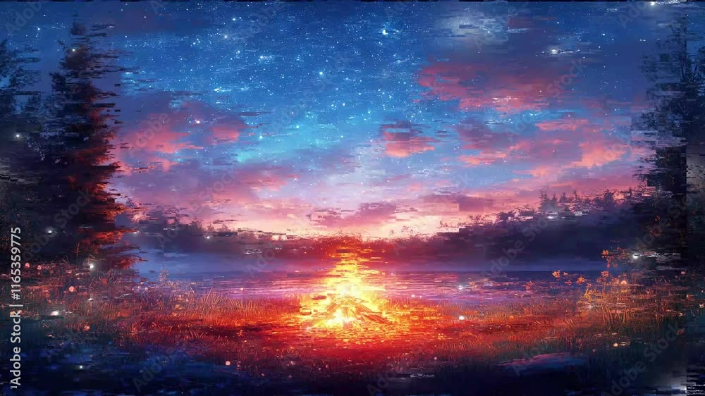 Warm firelight flickers as stars twinkle above a tranquil lakeside ...