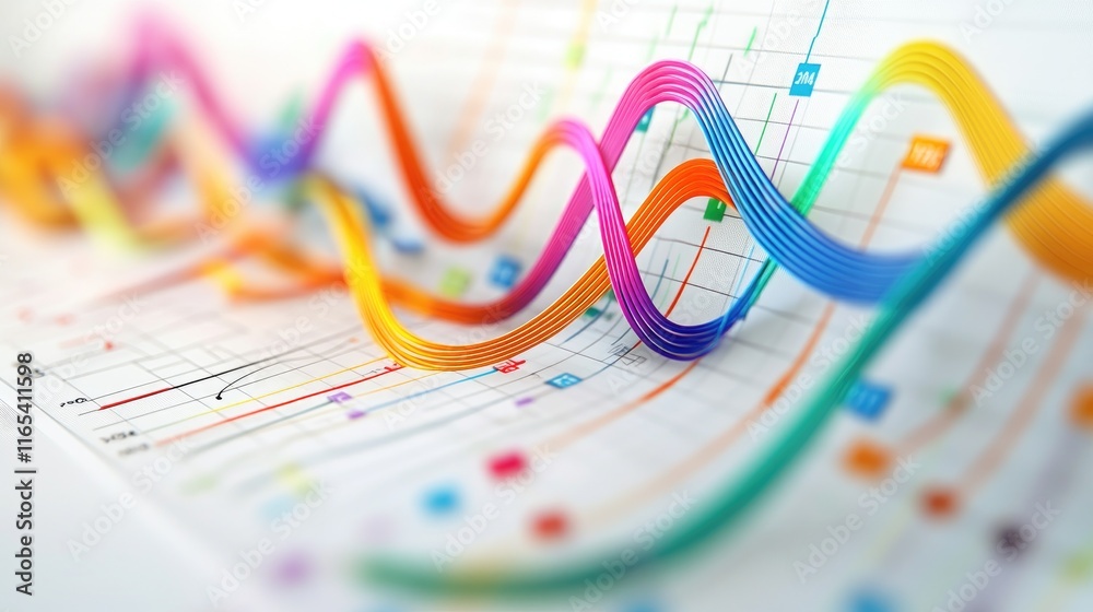 Business line graph with multiple colors, curved lines, and data points ...