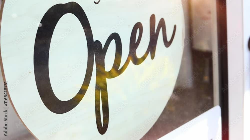 Open Sign: A welcoming open sign hanging on a glass door with a blurred ...