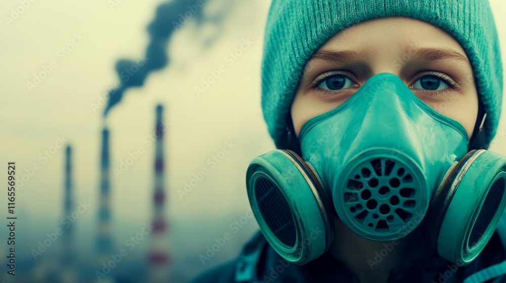 Photo & Art Print A child with a gas mask looks directly at the camera ...